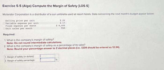 Solved Exercise 5-5 (Algo) Compute the Margin of Safety | Chegg.com