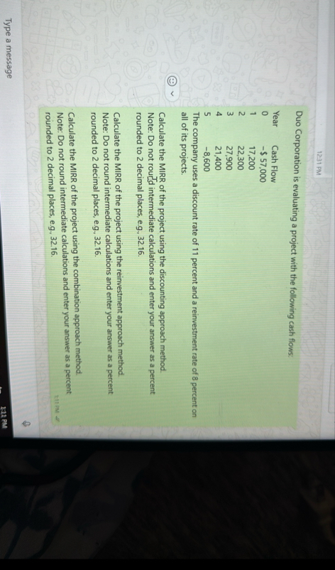 Solved 12*31PMDuo Corporation is evaluating a project with | Chegg.com
