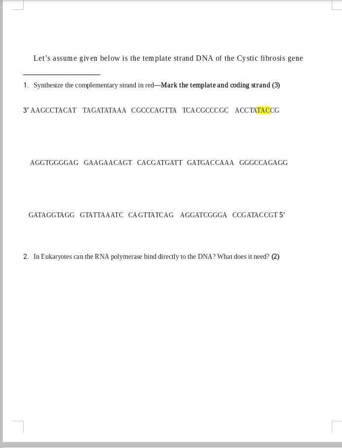 Solved Let's assume given below is the template strand DNA | Chegg.com