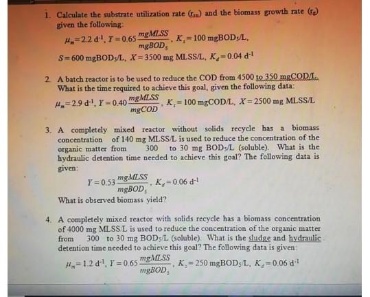 Solved 1. Calculate the substrate utilization rate () and | Chegg.com