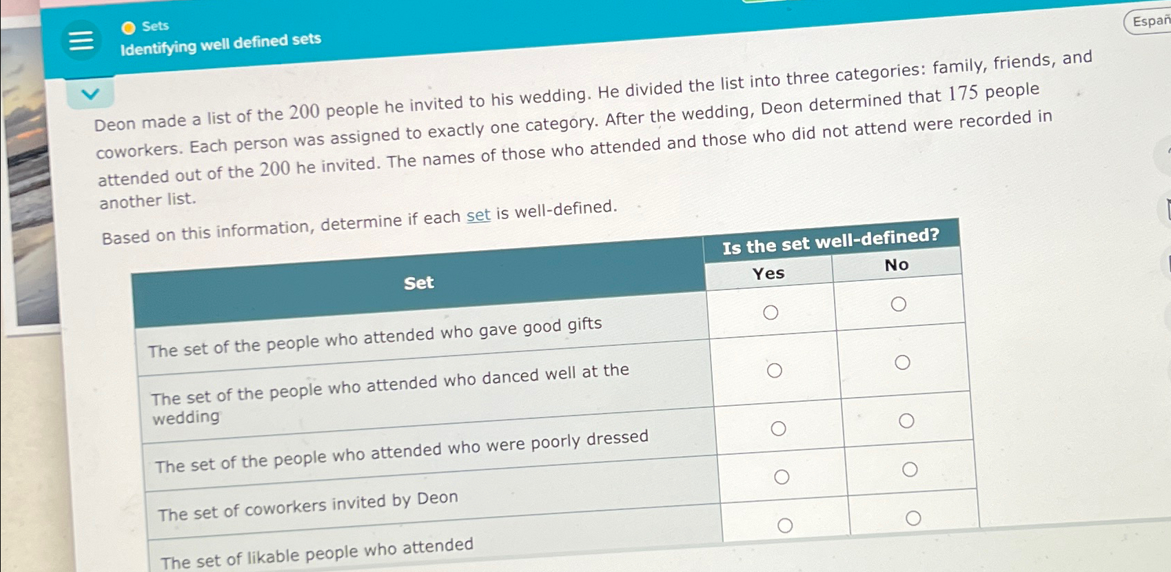 Solved SetsEspañIdentifying well defined setsDeon made a | Chegg.com