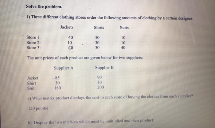 Solved Solve the problem. 1) Three different clothing stores | Chegg.com