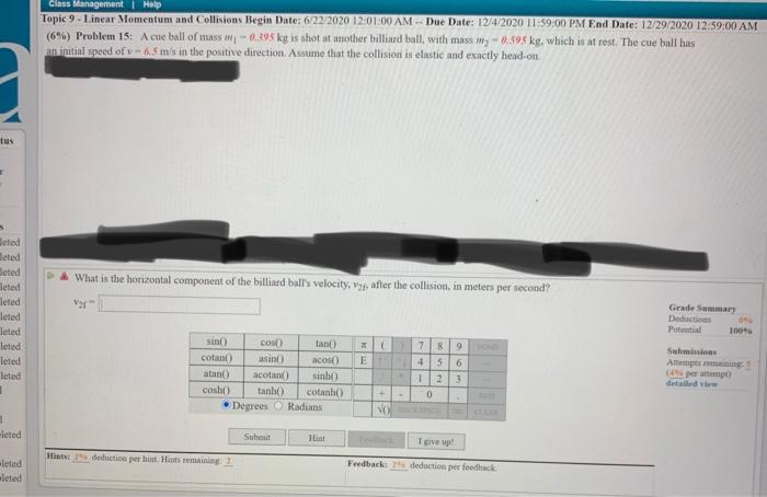 Solved Class Management | Help Topic 9 - Linear Momentum and | Chegg.com