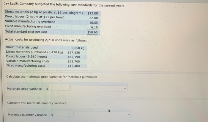 Solved Jay Levitt Company budgeted the following cost | Chegg.com