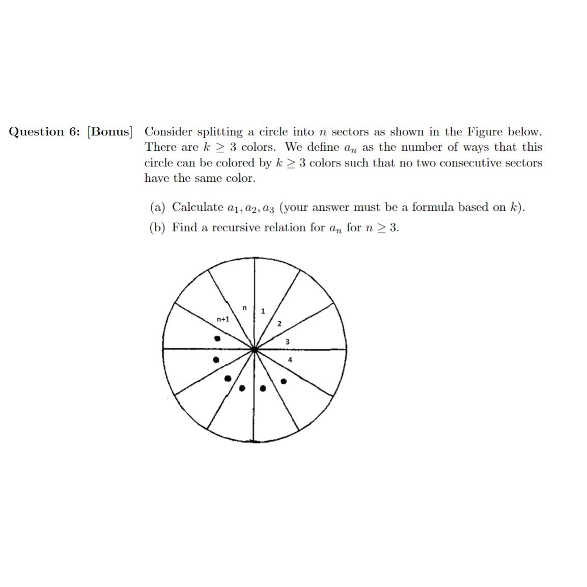 Solved Question 6: [Bonus] ﻿Consider splitting a circle into | Chegg.com
