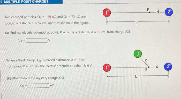 Solved Two charged particles, Q1=−86nC, and Q2=75nC, are | Chegg.com