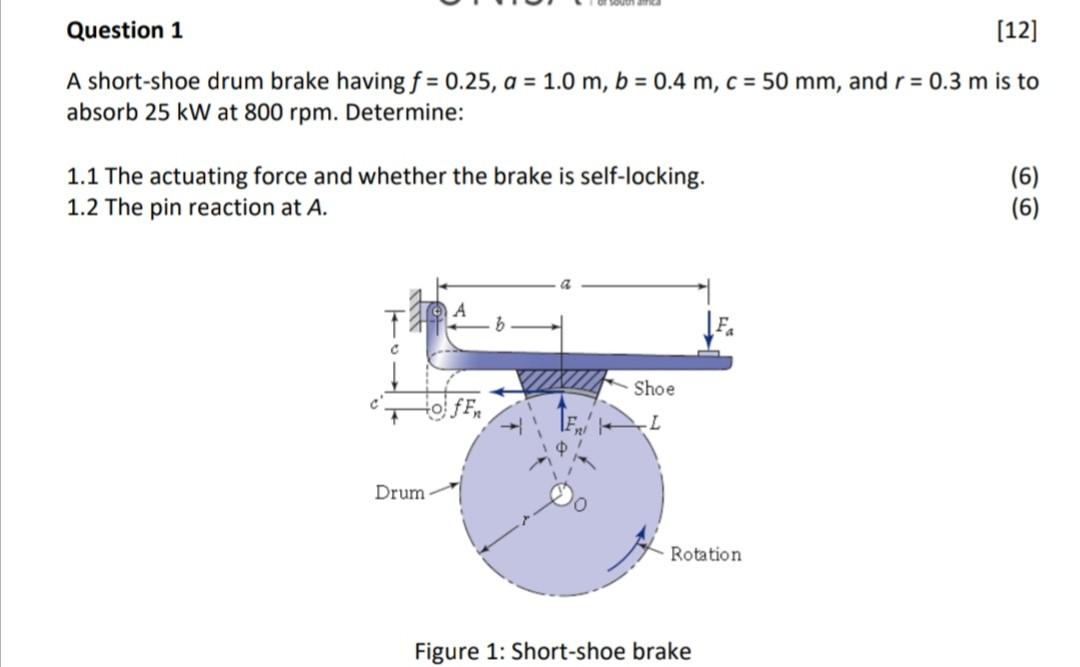Solved Question 1 12] A short-shoe drum brake having f = | Chegg.com