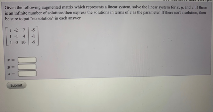 Solved Given the following augmented matrix which represents | Chegg.com