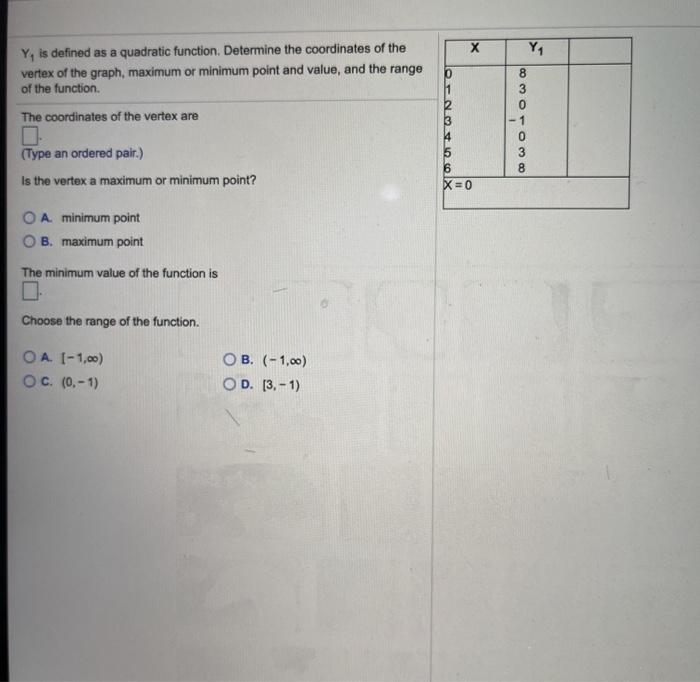 Solved х Y1 Y, is defined as a quadratic function. Determine | Chegg.com