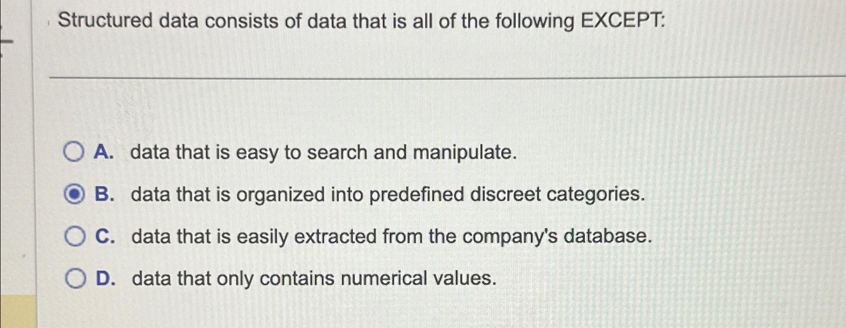 Solved Structured data consists of data that is all of the | Chegg.com