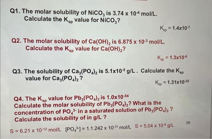 Solved Q1. The molar solubility of NiCO3 is 3.74×10−4 mol/L. | Chegg.com