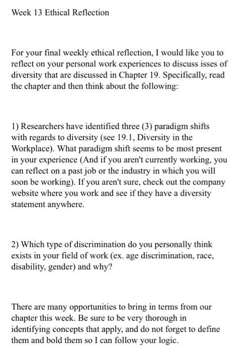 Solved Week 13 Ethical Reflection For your final weekly | Chegg.com