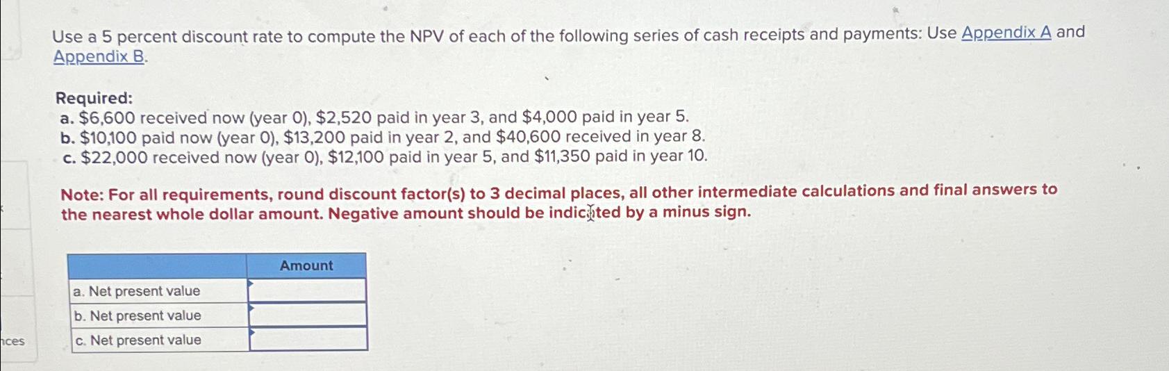 Solved Use a 5 ﻿percent discount rate to compute the NPV of | Chegg.com