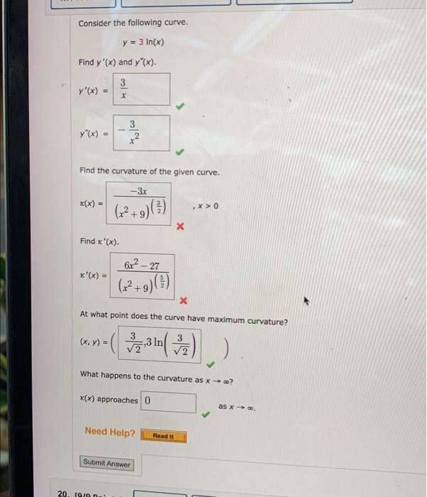 Solved Consider the following curve. y=3ln(x) Find y′(x) and | Chegg.com