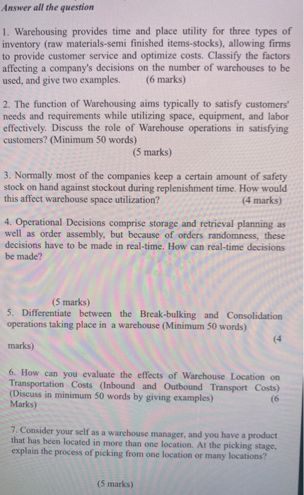 Solved Answer all the question 1. Warehousing provides time | Chegg.com