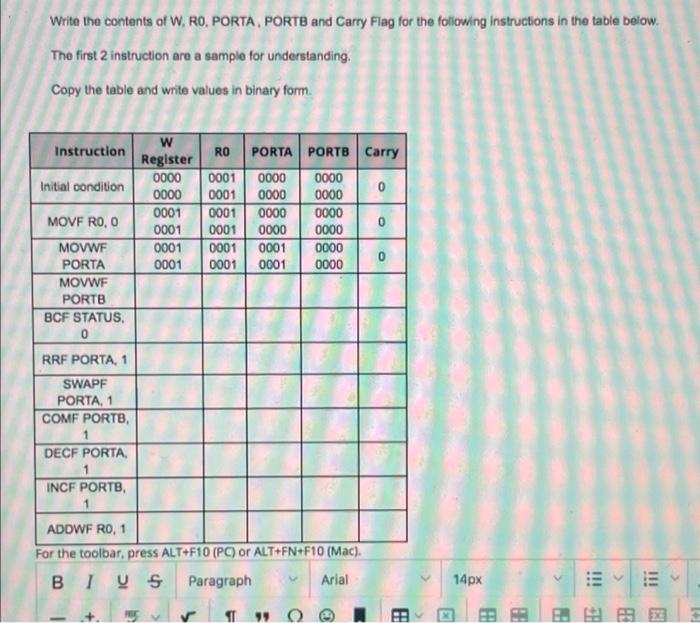 Solved Write the contents of W, RO, PORTA, PORTB and Carry | Chegg.com