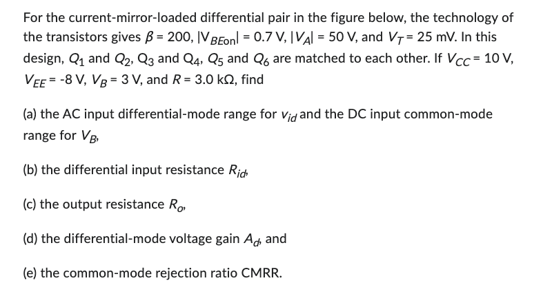 Solved For the current-mirror-loaded differential pair in | Chegg.com
