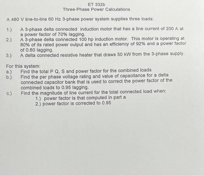 Solved Three-Phase Power Calculations A 480 V line-to-line | Chegg.com