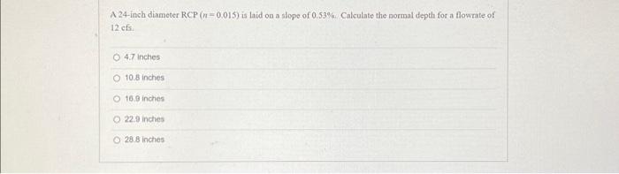Solved A 24 inch diameter RCP (n=0.015) is laid on a slope | Chegg.com