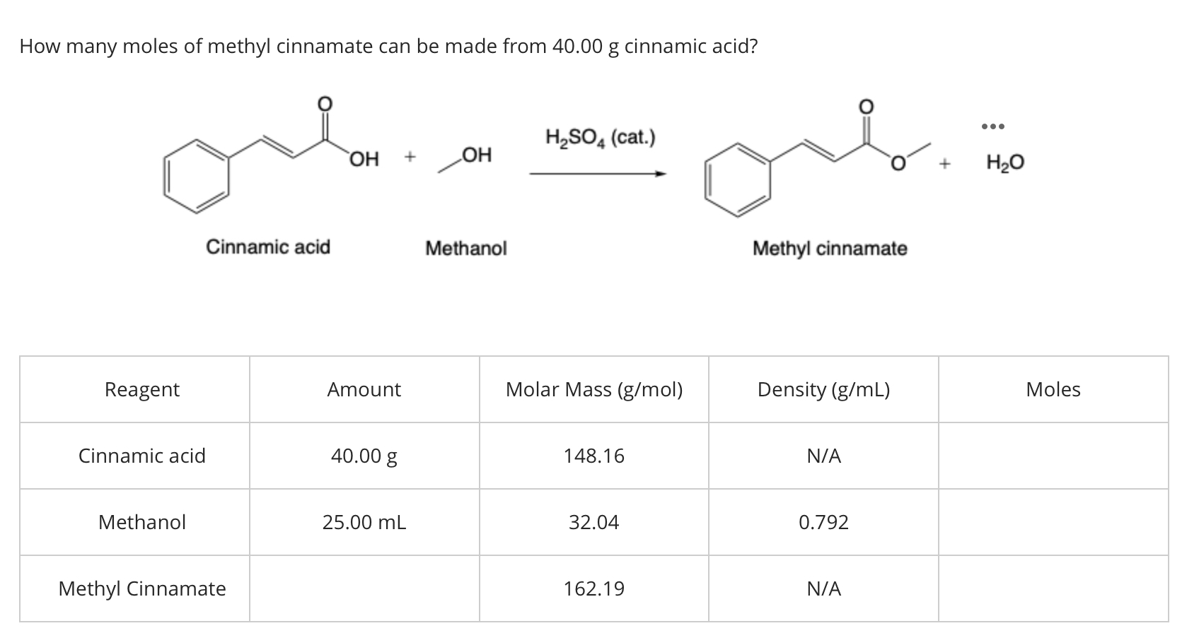 Solved How many moles of methyl cinnamate can be made from | Chegg.com