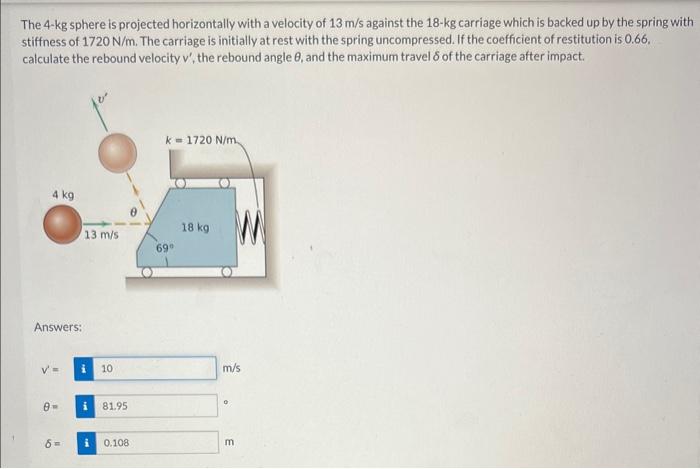 Solved The 4- kg sphere is projected horizontally with a | Chegg.com