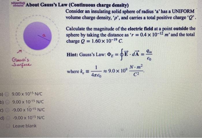 Solved About Gauss's Law (Continuous charge density) | Chegg.com