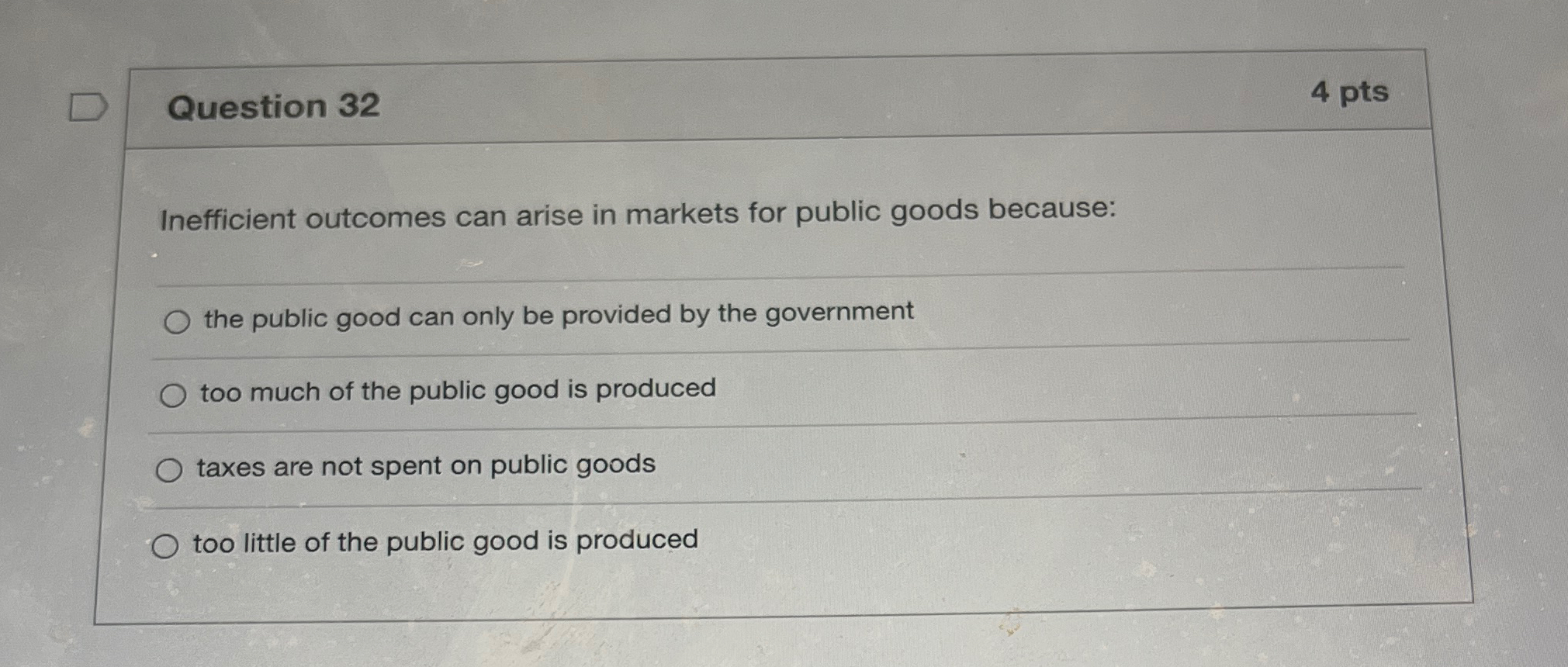 Solved Question 324 ﻿ptsInefficient outcomes can arise in | Chegg.com