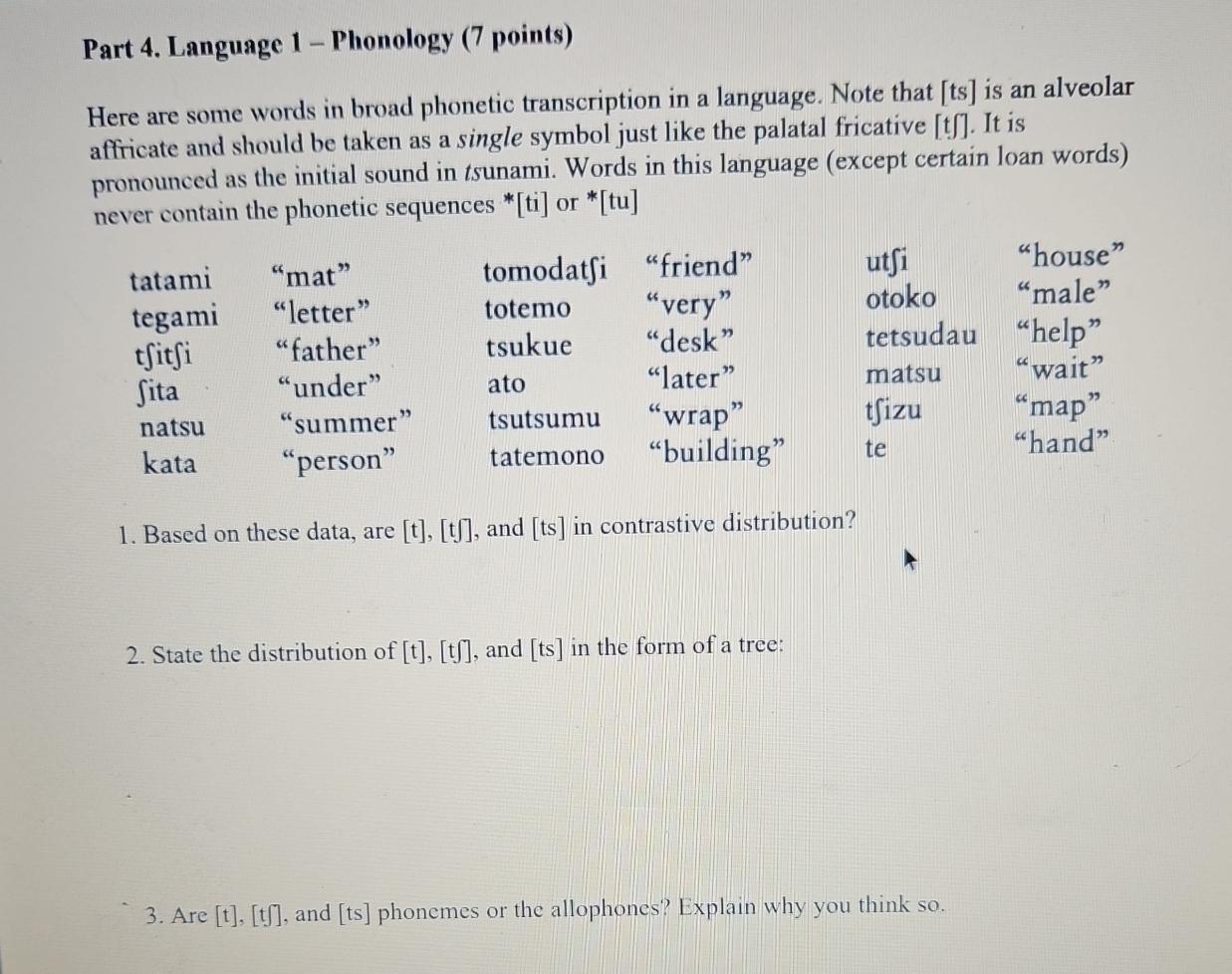 Part 4. ﻿Language 1 - ﻿Phonology (7 ﻿points)Here are | Chegg.com