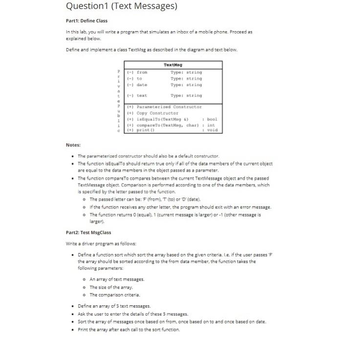 Solved Question 1 (Text Messages) Part1: Define Class In | Chegg.com