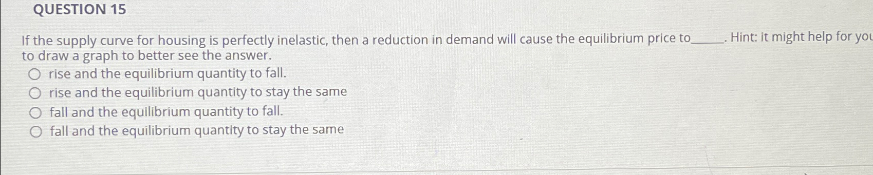 Solved QUESTION 15If the supply curve for housing is | Chegg.com Solved QUESTION 15If the supply curve for housing is | Chegg.com