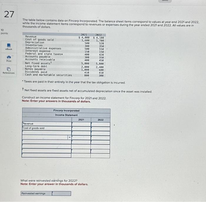 Solved 27 10 points eBook Print References The table below | Chegg.com