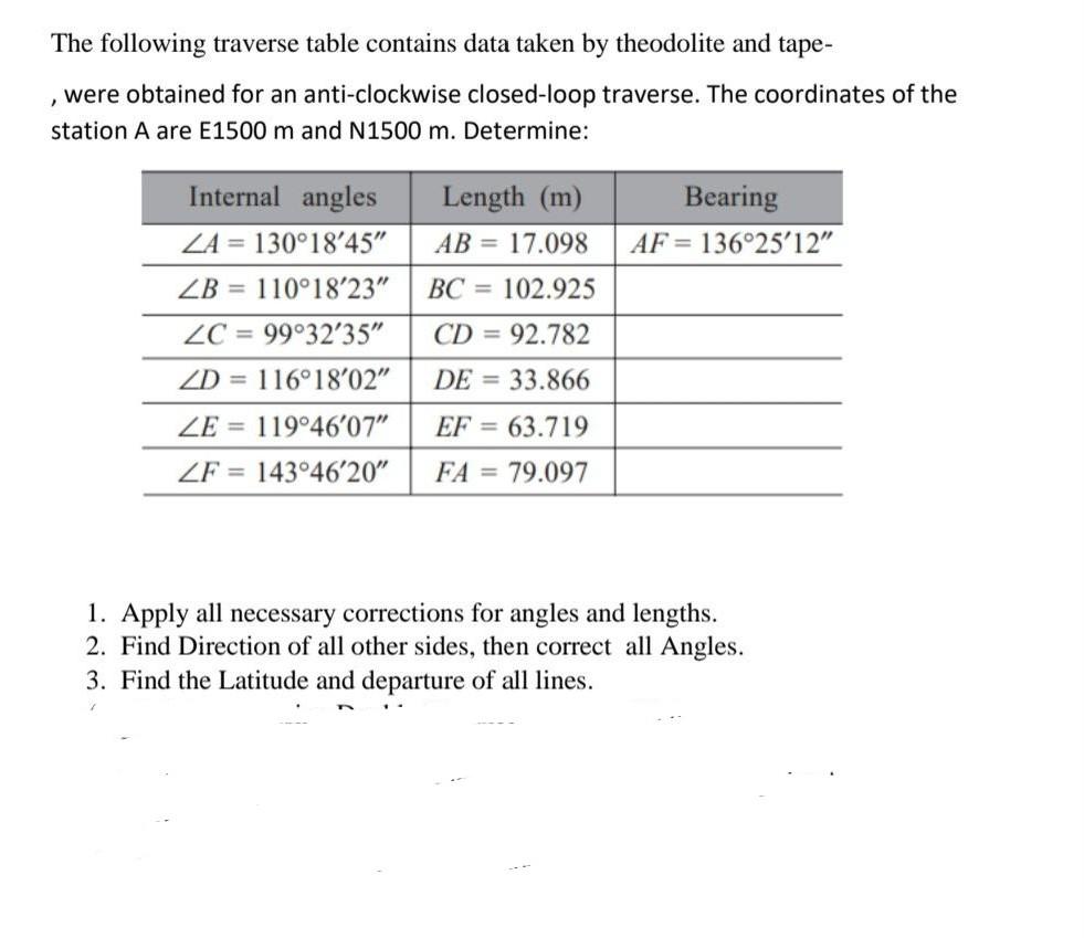 Solved The following traverse table contains data taken by | Chegg.com