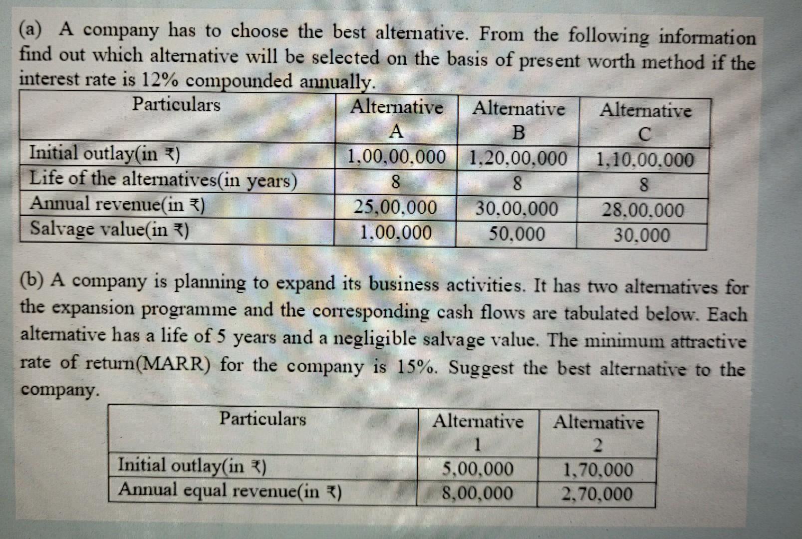 Solved (a) A company has to choose the best alternative. | Chegg.com