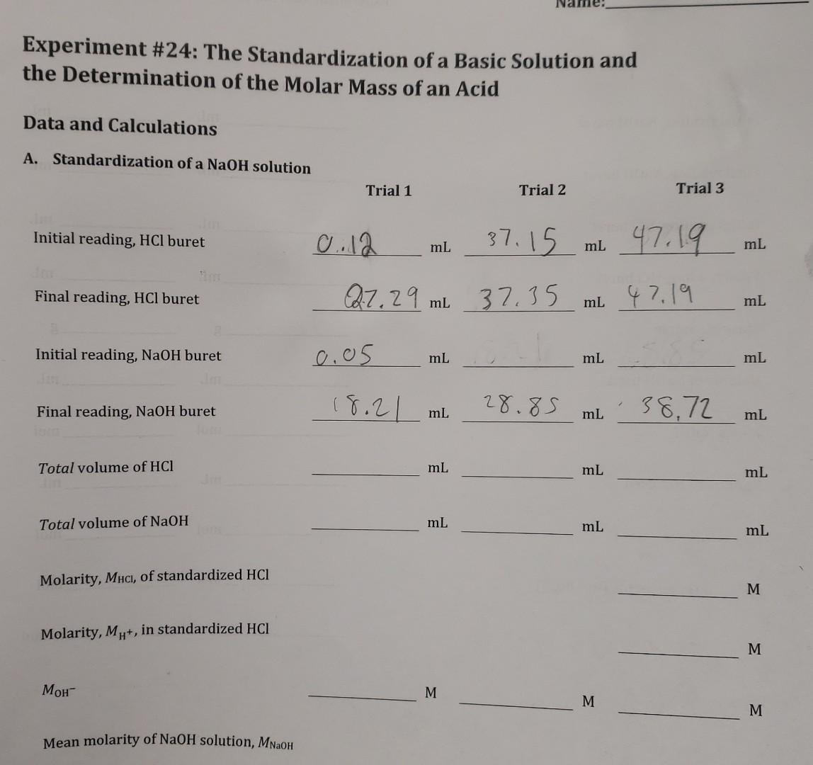 Solved Experiment #24: The Standardization of a Basic | Chegg.com