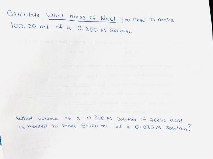 Solved Calculate what mass of NaCl you need to make 100.00 | Chegg.com