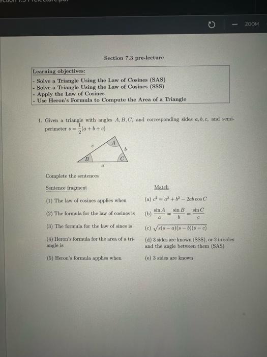 Solved Learning objectives: - Solve a Triangle Using the Law | Chegg.com
