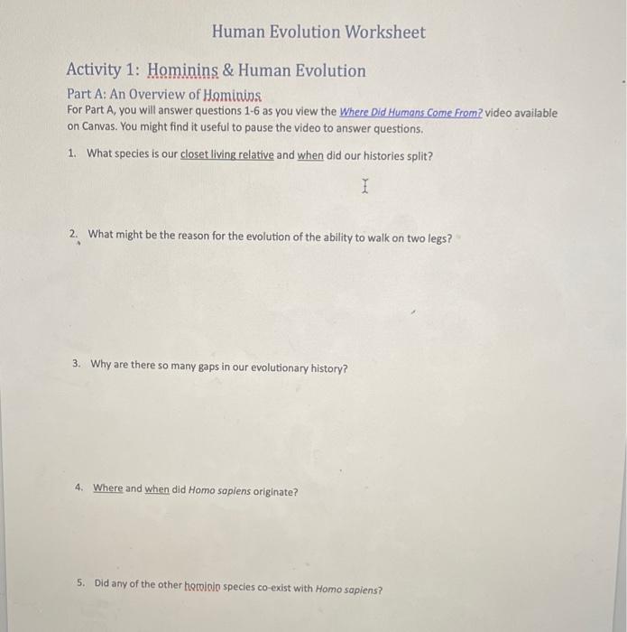 Solved Human Evolution Worksheet Activity 1: Hominins & | Chegg.com
