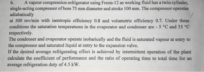Solved 6. A vapour compression refrigerator using Freon-12 | Chegg.com