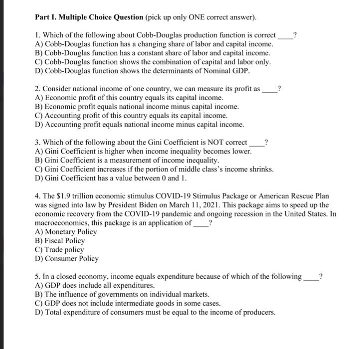 Solved Part I. Multiple Choice Question (pick up only ONE | Chegg.com