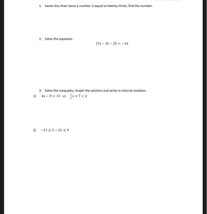 Solved 1 Seven less than twice a number is equal to | Chegg.com