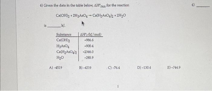 Solved 4) Given the data in the table below, ΔH∘ rxn for the | Chegg.com