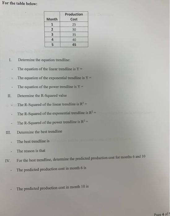 Solved For the table below: 1. Determine the equation | Chegg.com