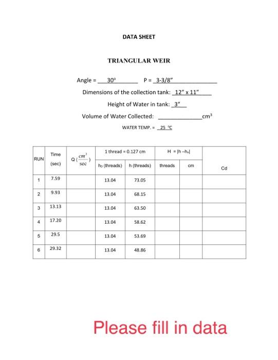 Solved DATA SHEET TRIANGULAR WEIR Angle =_30° P = 3-3/8" | Chegg.com