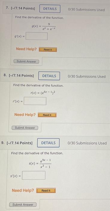 Solved 7. [-/7.14 Points] Find the derivative of the | Chegg.com