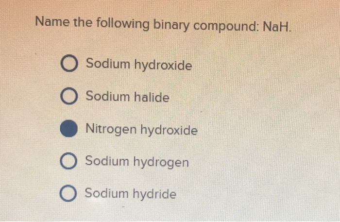 Solved Name the following binary compound: Nah. O Sodium | Chegg.com