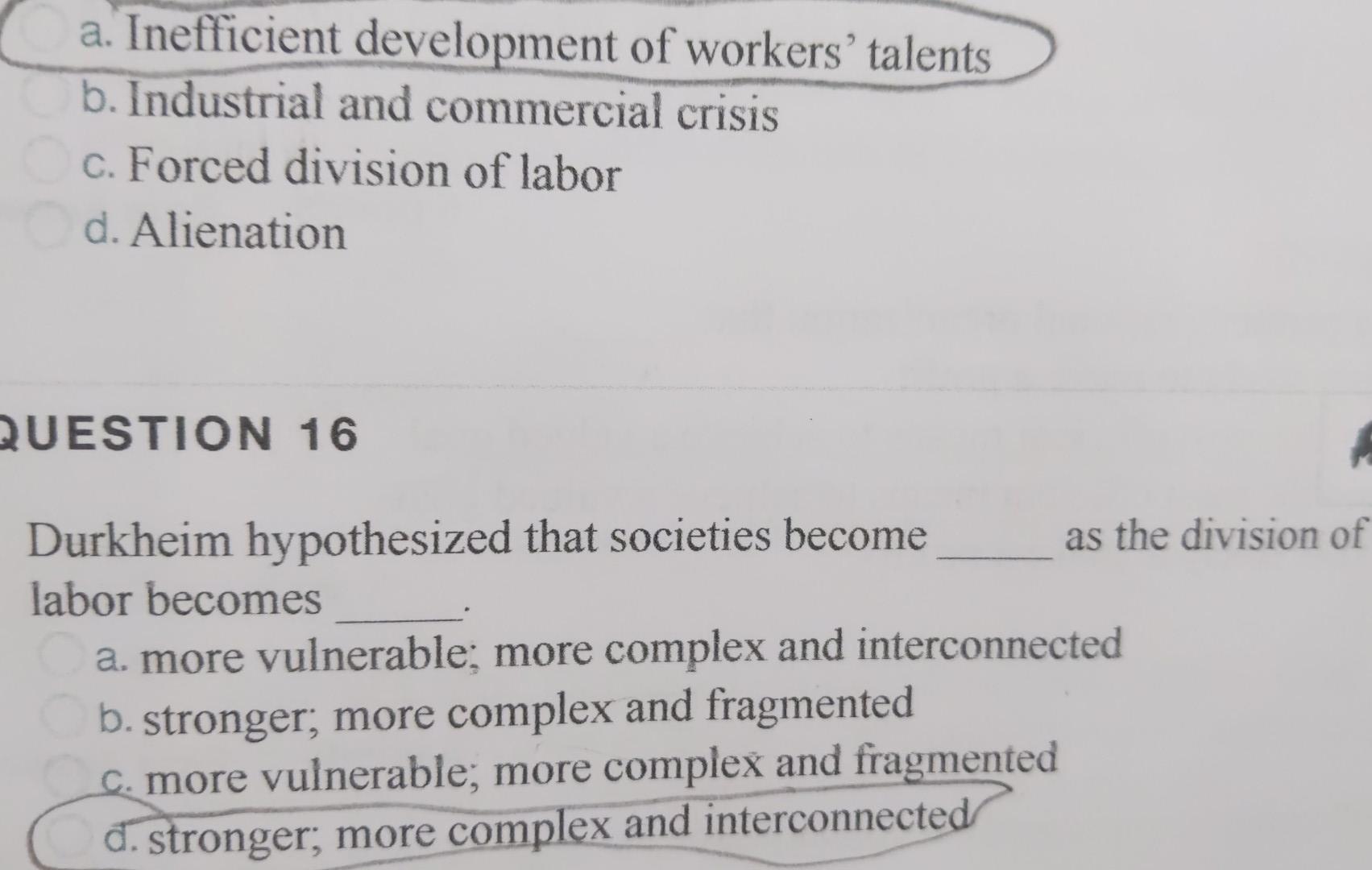 Solved a. Inefficient development of workers' talents b. | Chegg.com