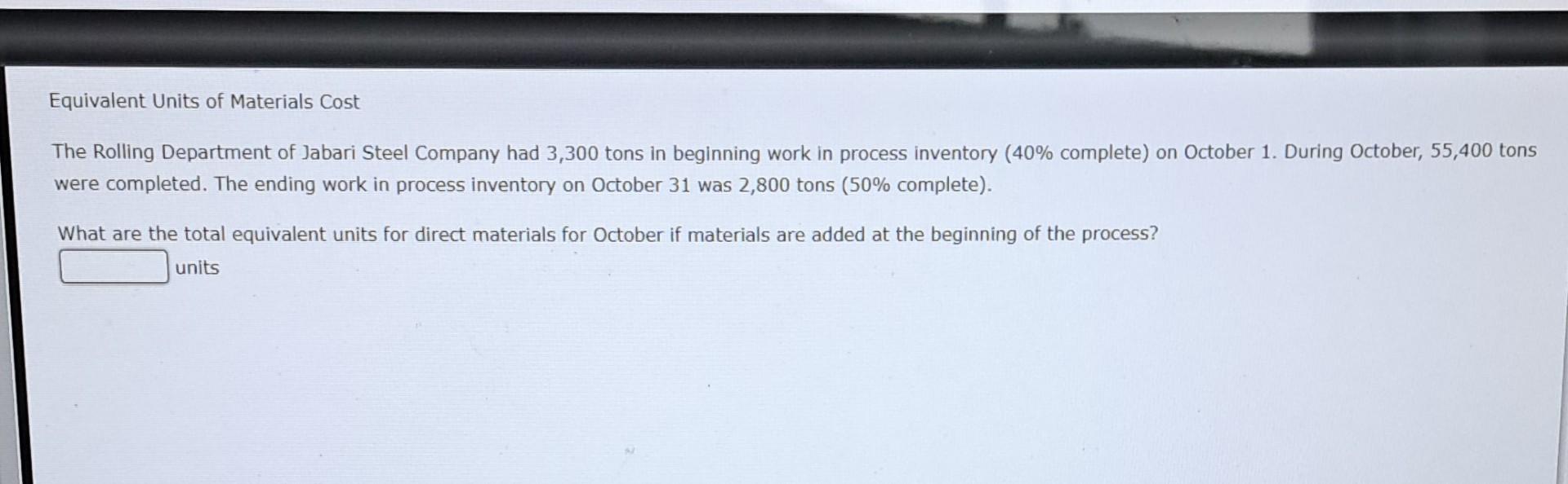 Solved Equivalent Units of Materials Cost The Rolling | Chegg.com
