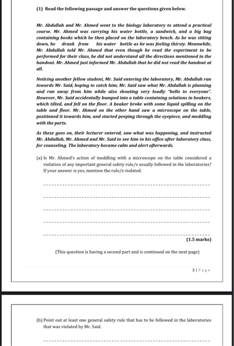 Solved (1) Read the following passage and answer the | Chegg.com