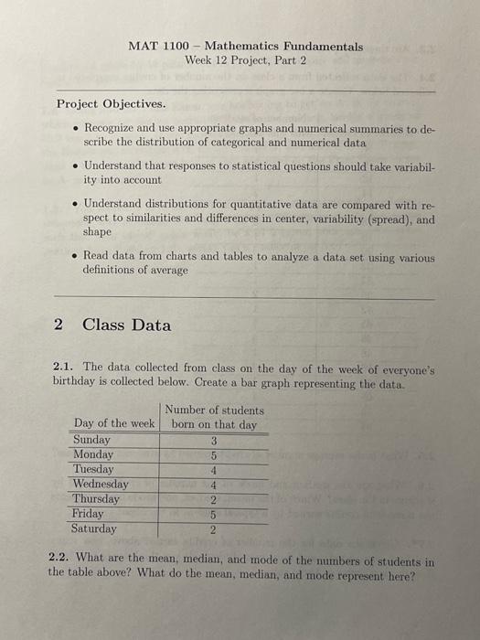 Solved MAT 1100 - Mathematics Fundamentals Week 12 Project, | Chegg.com