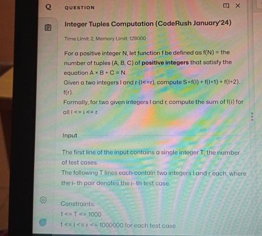 Solved QUESTIONInteger Tuples Computation (CodeRush | Chegg.com